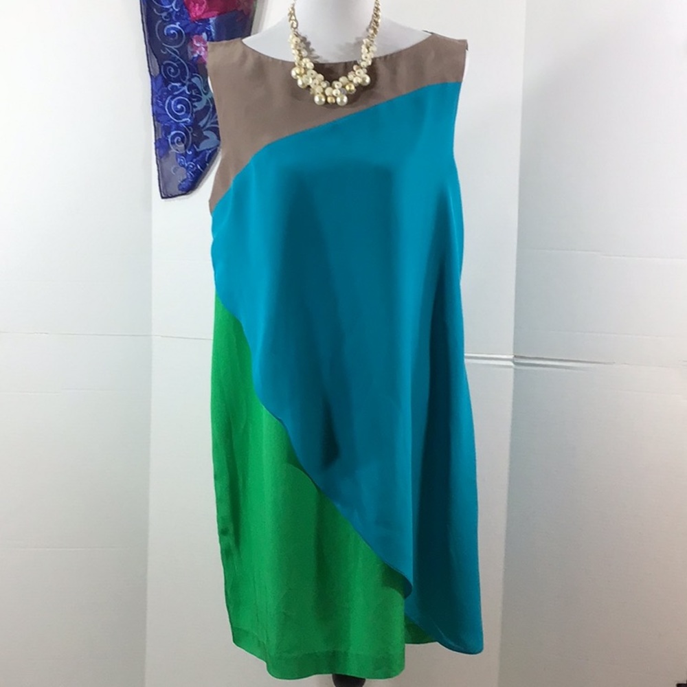 Suzy Chin Silk Colorblock Layered Shift Dress 14 - Gem